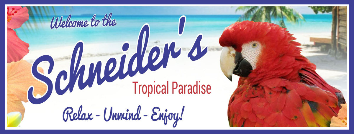 Custom Red Parrot Beach Sign: Tropical Vibes & Hibiscus Flowers| Fun ...