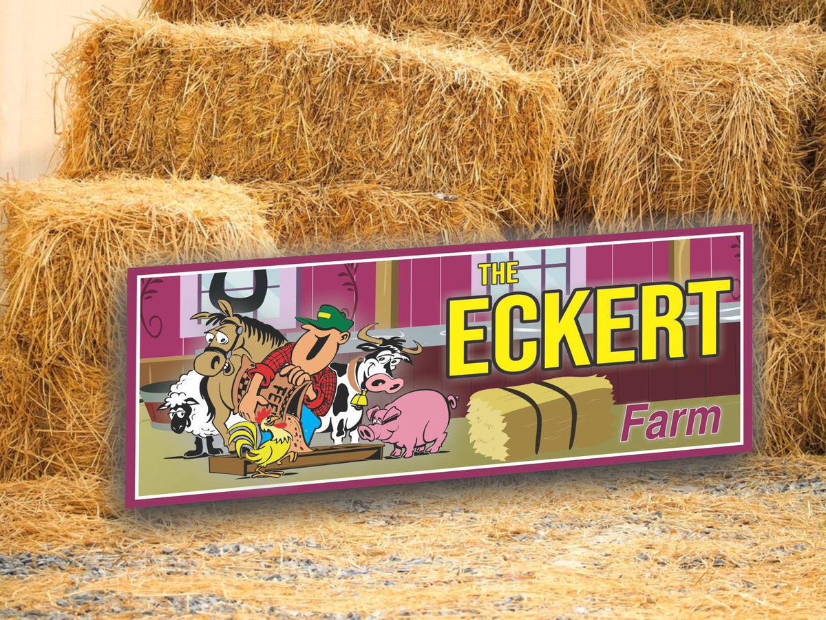 Cartoon Farmer Personalized Sign: Charming Farm Animals & Hay Decor ...