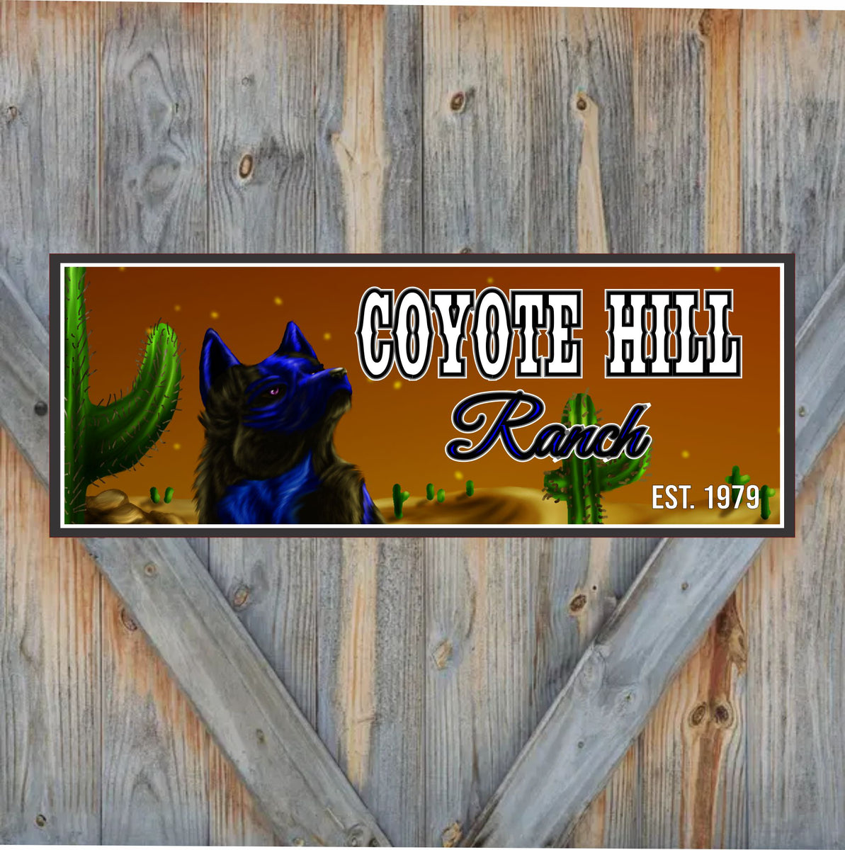 Coyote Personalized Ranch Sign: Night Desert Cactus Decor| Fun Sign Factory