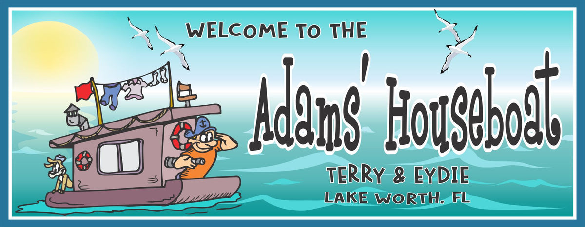 Custom Cartoon Houseboat Sign: Seagulls & Sun | Personalized Nautical ...