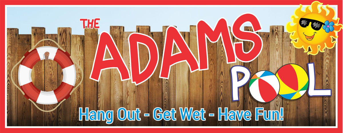 Custom Pool Sign with Cartoon Sun, Life Preserver & Beach Balls| Fun ...