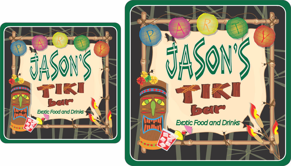 Custom Exotic Tiki Bar Sign with Tribal Mask, Lanterns & Bamboo Frame ...