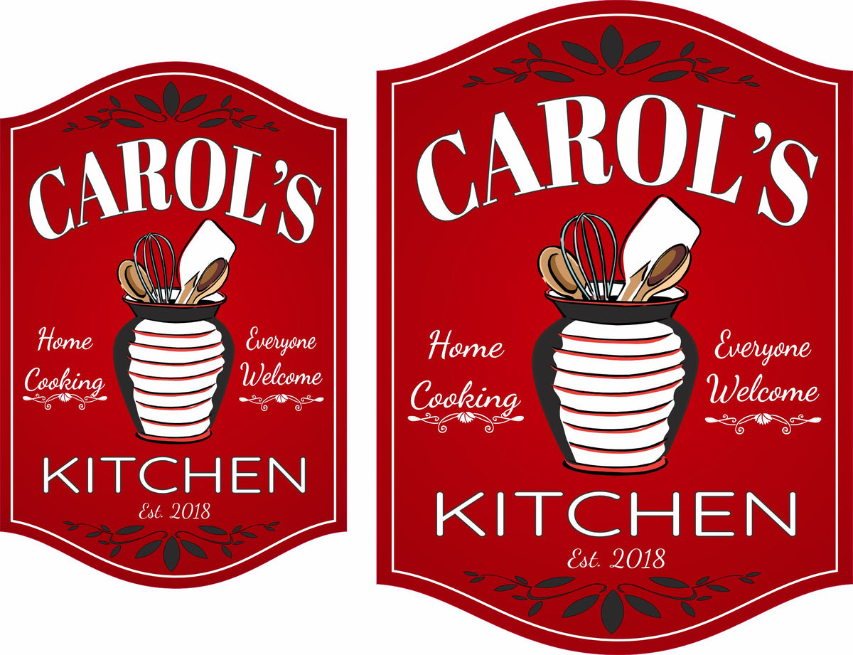 Personalized Kitchen Sign with Red Utensils - Custom Text| Fun Sign Factory