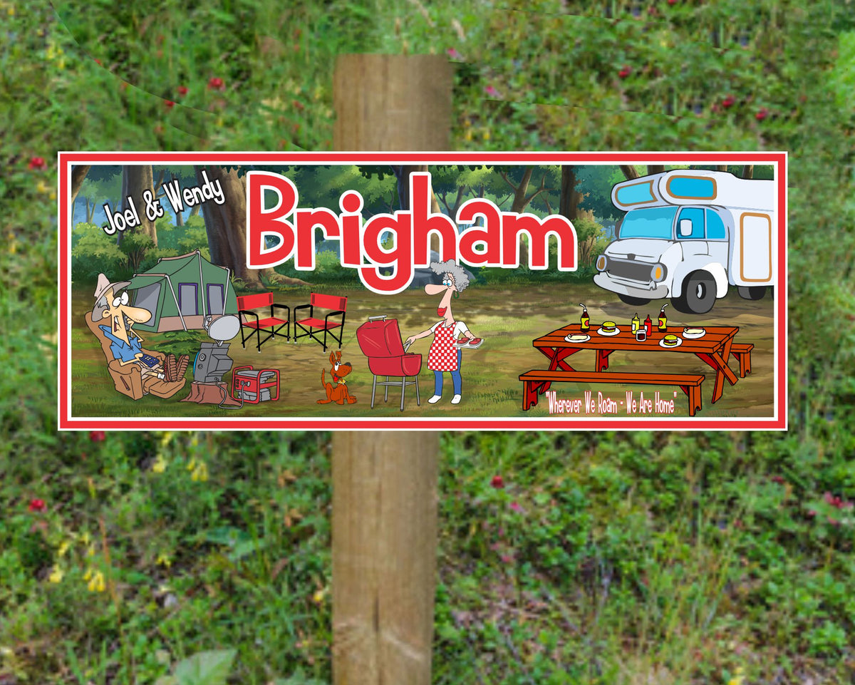 Personalized RV Sign - Man Watching TV, Woman Barbecuing, and Dog| Fun ...