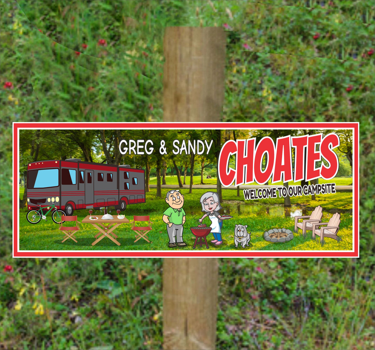 Personalized RV Campsite Sign - Cartoon Couple, Campfire| Fun Sign Factory