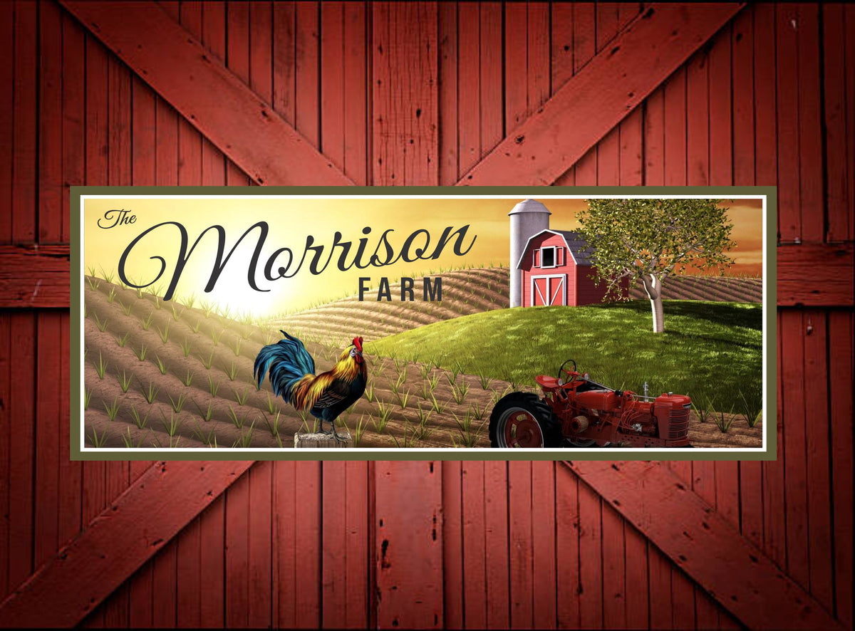 Personalized Farm Sign: Rustic Red Barn, Tractor & Rooster Wall Decor ...