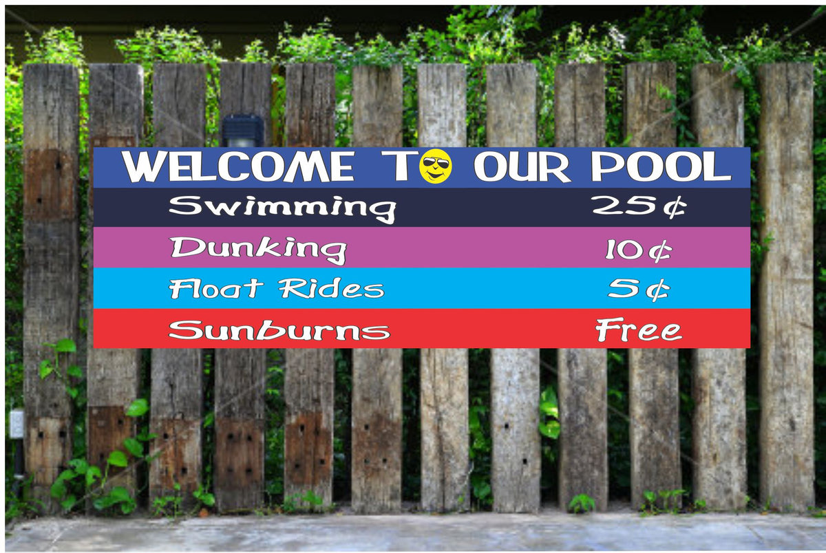 Colorful Pool Welcome Sign: Humorous Price List| Fun Sign Factory